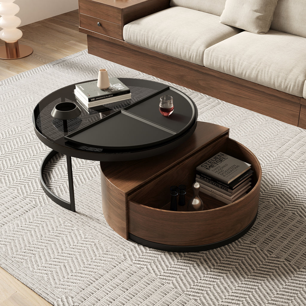 JASIWAY Black & Walnut Round 360-Degree Rotation Coffee Table Set Stor ...