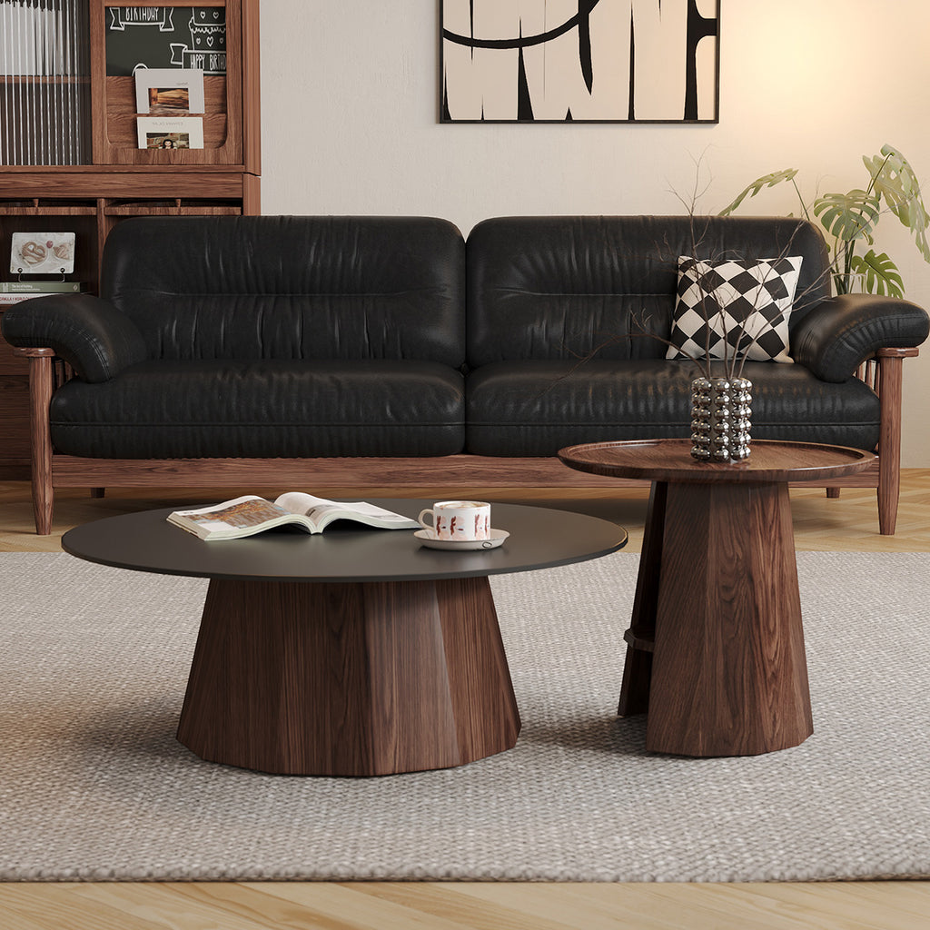 JASIWAY Round High-Low Combo Coffee Table Solid Wood Slate with Storag ...