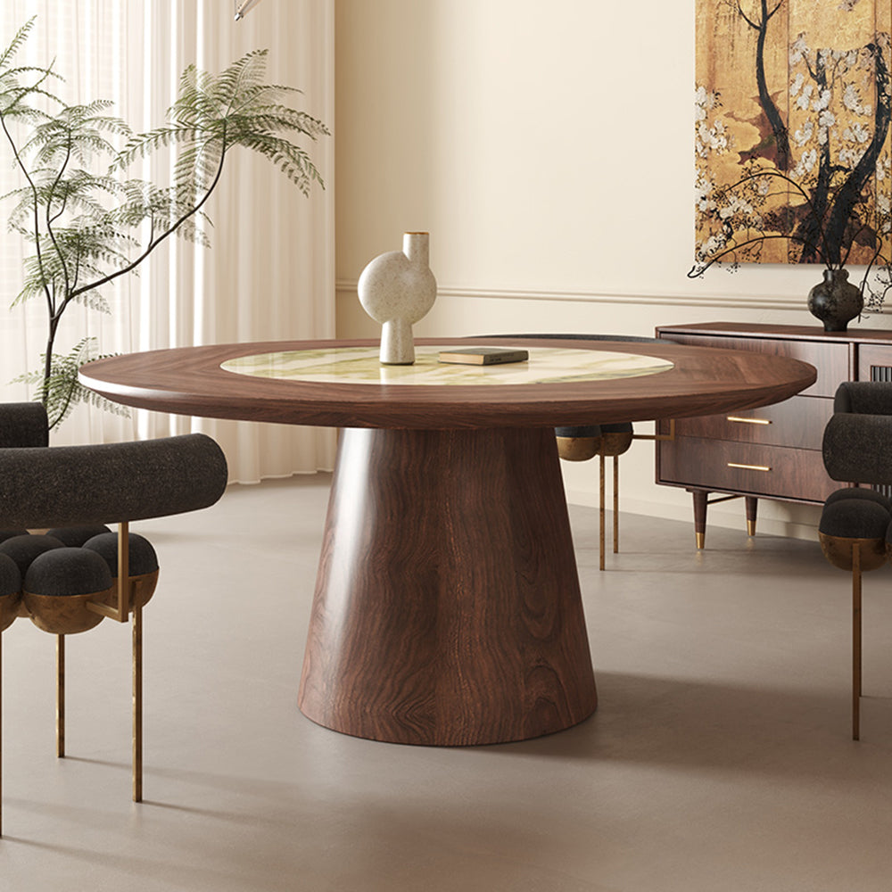 RINGCHEN Modern Round Black Walnut Dining Table with Built-in Irish Gr ...